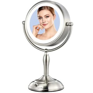 mirrormore 8.5" large vanity mirror with 40 eye-care dimmable led lights, 1x/10x magnifying lighted makeup mirror with 3 colors, senior pearl nickel 360° rotation desk mirror, 2 power saving supply