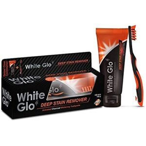 white glo deep stain remover whitening toothpaste + charcoal infused flosser tip toothbrush, 5.2 ounce