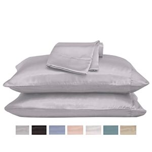 Satin Radiance Soft Satin Silk Sheets Solid Color Deep Pocket Twin Size Satin Bed Sheet Set Cooling And Soft Fitted Satin Bedding + Satin Pillowcase(s) Durable, Breathable, Silver, Grey, 3-piece