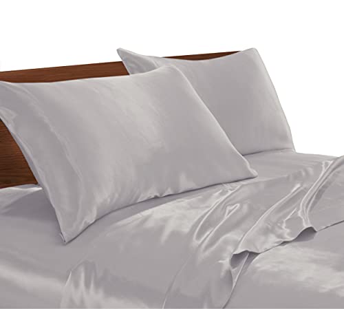 Satin Radiance Soft Satin Silk Sheets Solid Color Deep Pocket Twin Size Satin Bed Sheet Set Cooling And Soft Fitted Satin Bedding + Satin Pillowcase(s) Durable, Breathable, Silver, Grey, 3-piece