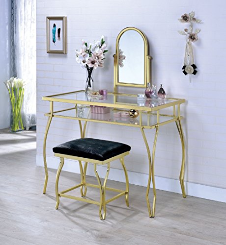 Furniture of America Hellens Modern Metal 3-Piece Vanity Set, Glass Top 1-Shelf Table, Adjustable Mirror and Padded Stool for Bedroom, Champagne Gold