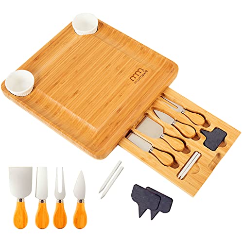 MaxMoxie Bamboo Cheese Board and Cutlery Set, Wooden Kitchen Charcuterie Board, Cheese Tray Serving Platter, Unique Gift for Families