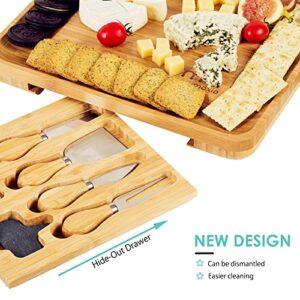 MaxMoxie Bamboo Cheese Board and Cutlery Set, Wooden Kitchen Charcuterie Board, Cheese Tray Serving Platter, Unique Gift for Families