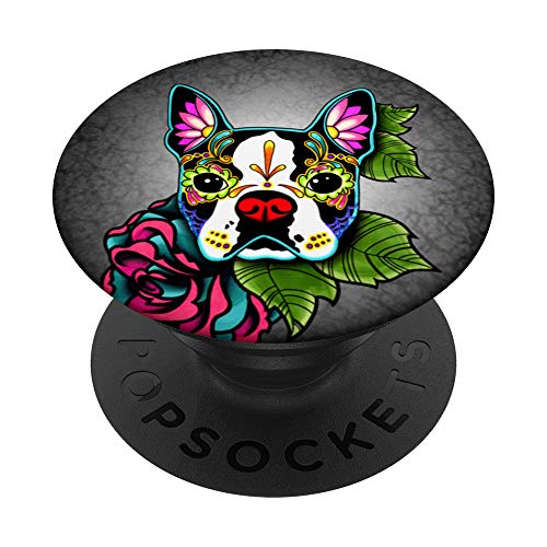 Boston Terrier in Black - Day of the Dead Sugar Skull Dog PopSockets PopGrip: Swappable Grip for Phones & Tablets