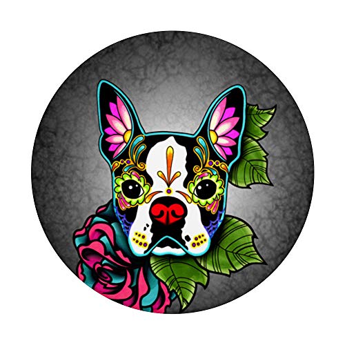 Boston Terrier in Black - Day of the Dead Sugar Skull Dog PopSockets PopGrip: Swappable Grip for Phones & Tablets