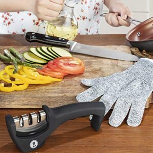 Knife Sharpeners for Steel and Ceramic Kitchen Knives - Manual Handheld System to Safely Sharpen and Hone your Knife - Includes Cut Resistant Glove and Blade Cloth (Black)