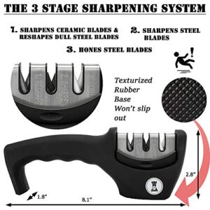 Knife Sharpeners for Steel and Ceramic Kitchen Knives - Manual Handheld System to Safely Sharpen and Hone your Knife - Includes Cut Resistant Glove and Blade Cloth (Black)