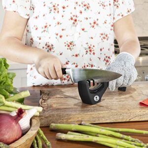 Knife Sharpeners for Steel and Ceramic Kitchen Knives - Manual Handheld System to Safely Sharpen and Hone your Knife - Includes Cut Resistant Glove and Blade Cloth (Black)