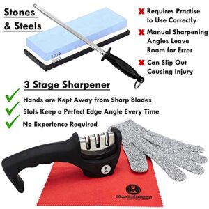 Knife Sharpeners for Steel and Ceramic Kitchen Knives - Manual Handheld System to Safely Sharpen and Hone your Knife - Includes Cut Resistant Glove and Blade Cloth (Black)