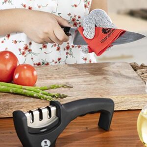 Knife Sharpeners for Steel and Ceramic Kitchen Knives - Manual Handheld System to Safely Sharpen and Hone your Knife - Includes Cut Resistant Glove and Blade Cloth (Black)