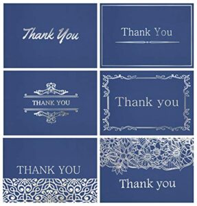 120 thank you cards in navy blue with envelopes & stickers - elegant 6 designs bulk notes embossed with silver foil letters for wedding, formal, business, graduation, funeral 4x6 inch thick card stock