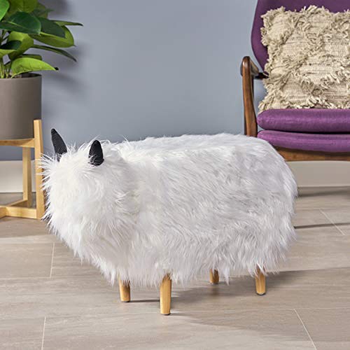 Christopher Knight Home Kamla Furry Yak Ottoman, White, Natural Finish