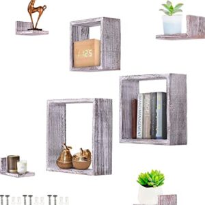 Comfify Rustic Wall Mounted Square Shaped Floating Shelves – Set of 7 – 3 Square Shelves and 4 L-Shaped Rustic Shelves – Screws and Anchors Included – Rustic Wall Décor - Rustic White