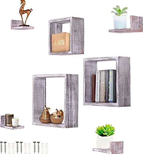 Comfify Rustic Wall Mounted Square Shaped Floating Shelves – Set of 7 – 3 Square Shelves and 4 L-Shaped Rustic Shelves – Screws and Anchors Included – Rustic Wall Décor - Rustic White