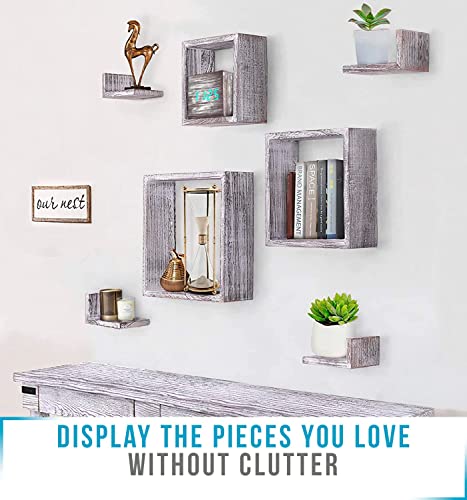 Comfify Rustic Wall Mounted Square Shaped Floating Shelves – Set of 7 – 3 Square Shelves and 4 L-Shaped Rustic Shelves – Screws and Anchors Included – Rustic Wall Décor - Rustic White