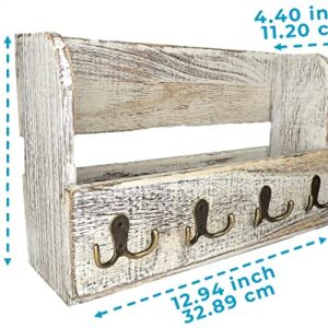 Comfify Wooden Wall Mount Mail Holder Organizer – Rustic Key Holder Organizer for Wall – Magazine Holder with 4 Double Key Hooks – Distressed White Rustic Wall Décor for Entryway