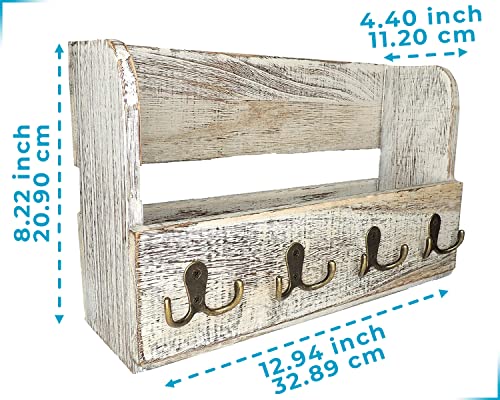 Comfify Wooden Wall Mount Mail Holder Organizer – Rustic Key Holder Organizer for Wall – Magazine Holder with 4 Double Key Hooks – Distressed White Rustic Wall Décor for Entryway