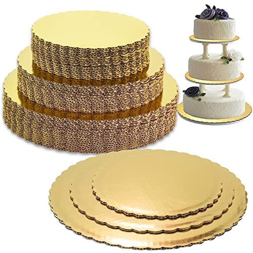 [30 Pack] 8 10 12 Inches Round Tierd Cake Boards Combo - Cardboard Disposable Layered Cake Pizza Circle Scalloped Gold Stackable Tart Decorating Base Stand