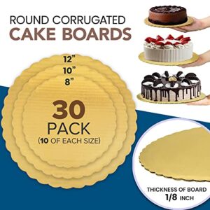 [30 Pack] 8 10 12 Inches Round Tierd Cake Boards Combo - Cardboard Disposable Layered Cake Pizza Circle Scalloped Gold Stackable Tart Decorating Base Stand