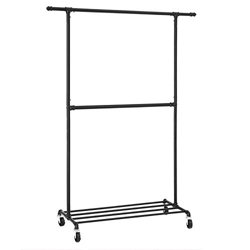 SONGMICS Clothes Rack, Industrial Double Rod Metal Clothing Rack for Hanging Clothes, Adjustable Middle Rod, with Wheels and Shelf, Heavy-Duty Commercial Display, Black UHSR62BK