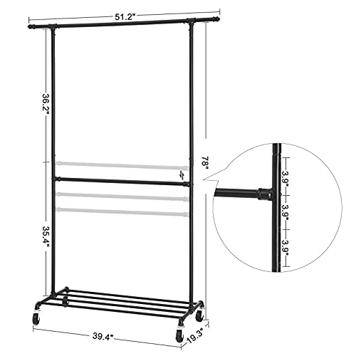 SONGMICS Clothes Rack, Industrial Double Rod Metal Clothing Rack for Hanging Clothes, Adjustable Middle Rod, with Wheels and Shelf, Heavy-Duty Commercial Display, Black UHSR62BK