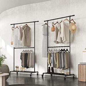 SONGMICS Clothes Rack, Industrial Double Rod Metal Clothing Rack for Hanging Clothes, Adjustable Middle Rod, with Wheels and Shelf, Heavy-Duty Commercial Display, Black UHSR62BK