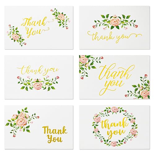 48-Count Thank You Cards with Envelopes, 6 Elegant Rose Flower Designs with Gold Foil Print for Wedding Baby and Bridal Shower