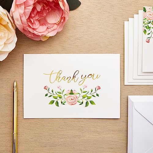 48-Count Thank You Cards with Envelopes, 6 Elegant Rose Flower Designs with Gold Foil Print for Wedding Baby and Bridal Shower