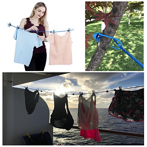 Vshinic Portable Clothesline with 12 Clothespins,Travel Retractable Clothesline,Wind-Proof Clothes Drying Line for Camping Hotel Indoor & Outdoor Blue