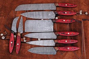 w trading-custom hand made damascus steel blade professional kitchen knives 8 pcs chef kitchen knife set with leather pouch for storage. wt-1046-8