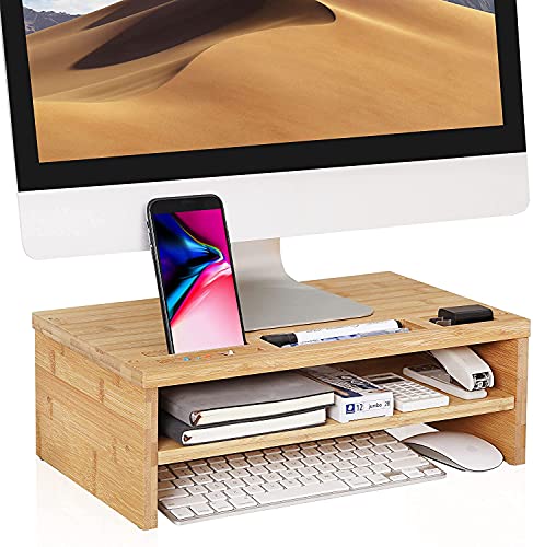 Well Weng Desk Monitor Riser Stand with Storage Organizer 2 Shelves for Computer, iMac, Printer, Laptop