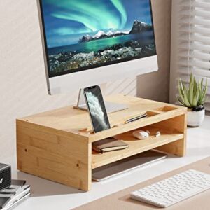 Well Weng Desk Monitor Riser Stand with Storage Organizer 2 Shelves for Computer, iMac, Printer, Laptop