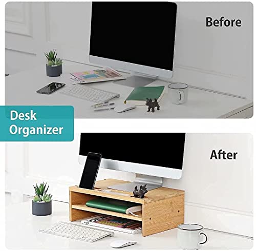 Well Weng Desk Monitor Riser Stand with Storage Organizer 2 Shelves for Computer, iMac, Printer, Laptop