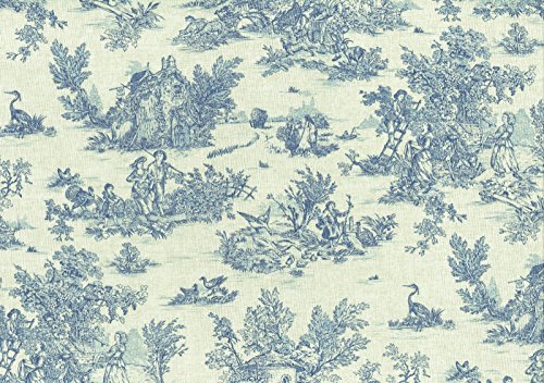 Mini Toile de Jouy Fabric (La Vie Rustique) - Oxford Blue on a Soft, Linen-Look Base Cloth | 100% Cotton Designer Print | 61 inches Wide | Per Yard Length Increment*