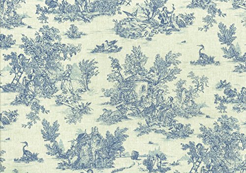 Mini Toile de Jouy Fabric (La Vie Rustique) - Oxford Blue on a Soft, Linen-Look Base Cloth | 100% Cotton Designer Print | 61 inches Wide | Per Yard Length Increment*