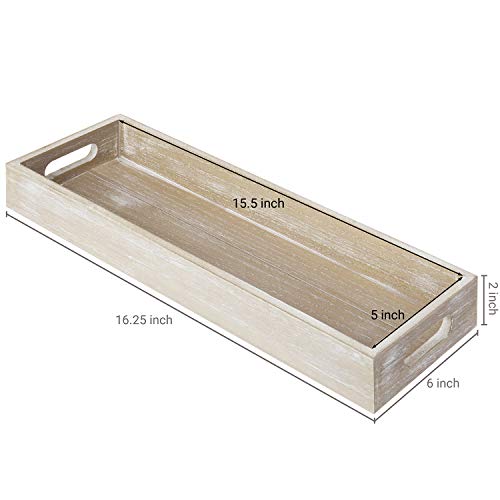 MyGift 16 x 6 Inch Rustic White Wood Decorative Serving Trays with Cutout Handles, Long Rectangular Ottoman Tray Centerpiece, Set of 2