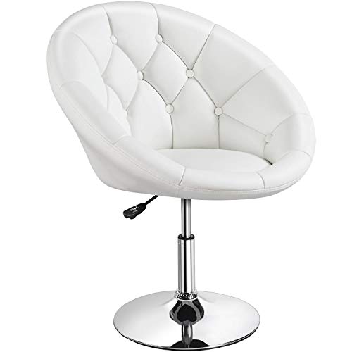 Yaheetech Vanity Chair Makeup Chair Swivel Accent Chair Height Adjustable Round Back Tilt Chair with Chrome Frame for Makeup Room, Living Room, White