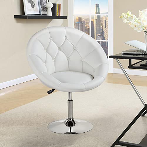 Yaheetech Vanity Chair Makeup Chair Swivel Accent Chair Height Adjustable Round Back Tilt Chair with Chrome Frame for Makeup Room, Living Room, White