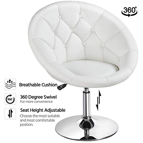 Yaheetech Vanity Chair Makeup Chair Swivel Accent Chair Height Adjustable Round Back Tilt Chair with Chrome Frame for Makeup Room, Living Room, White