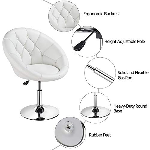 Yaheetech Vanity Chair Makeup Chair Swivel Accent Chair Height Adjustable Round Back Tilt Chair with Chrome Frame for Makeup Room, Living Room, White