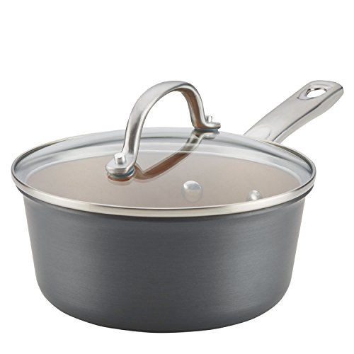 Ayesha Curry Home Collection Hard Anodized Nonstick Sauce Pan/Saucepan with Lid, 2 Quart, Gray