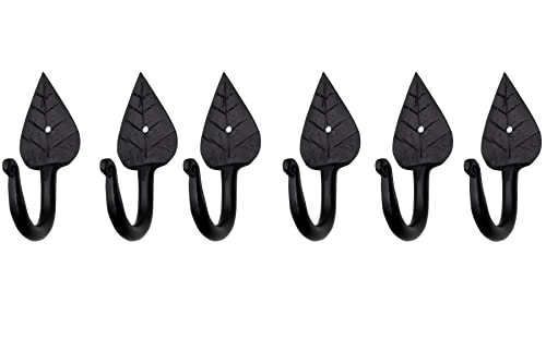 The Metal Magician Pack of 6 Coat Hooks Wall Mounted Leaf Style Single Robe Hanger Iron Blacksmith Key Holder Towel, Handbags, Hat Hanging Perfect for Bathroom, Kitchen, Living Room (Black)