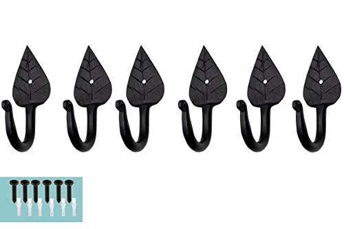 The Metal Magician Pack of 6 Coat Hooks Wall Mounted Leaf Style Single Robe Hanger Iron Blacksmith Key Holder Towel, Handbags, Hat Hanging Perfect for Bathroom, Kitchen, Living Room (Black)