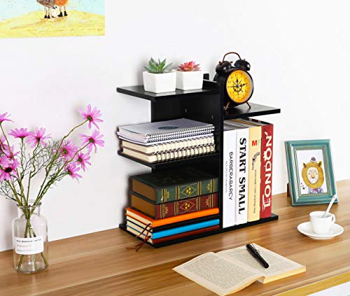 PAG Wood Desktop Shelf Small Bookshelf Desk Supplies Organizers and Accessories Storage Display Rack Office Decor for Women, Black