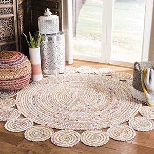 safavieh cape cod collection area rug - 3' round, ivory & multi, handmade boho braided jute & cotton, ideal for high traffic areas in living room, bedroom (cap211a)