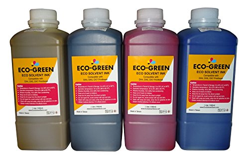 Eco Solvent Ink for Wide Format Sign Printers Using DX4 DX5 DX7 DX9 DX10 DX 11 XP600 TX800 Printhead, Mimaki, Roland, Mutoh (CMYK 4 Liter Set) , Will NOT Work with EcoTank or Small Desktop Printers