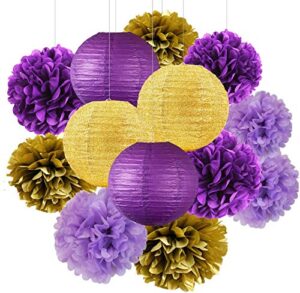 graduation decorations purple gold 2023 furuix purple gold birthday party decorations glitter gold/purple paper lanterns purple birthday/baby shower/ bridal shower/wedding decorations/lsu decorations