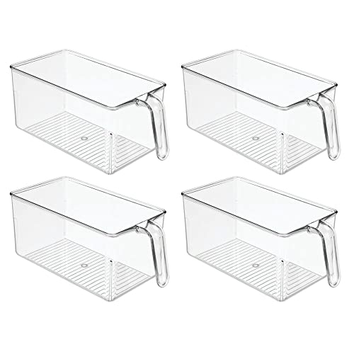 mDesign Plastic Kitchen Pantry Cabinet Refrigerator Storage Organizer Bin Holder with Front Handle - for Organizing Individual Packets, Snacks, Produce, Pasta - BPA Free - Medium, 4 Pack - Clear