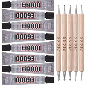 E6000 8-Pack 0.18 Ounce Bottles Industrial Strength Adhesive for Crafting and Pixiss Wooden Art Dotting Stylus Pens 5 pcs Set - Rhinestone Applicator Application Kit