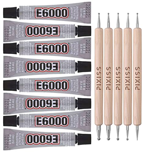 E6000 8-Pack 0.18 Ounce Bottles Industrial Strength Adhesive for Crafting and Pixiss Wooden Art Dotting Stylus Pens 5 pcs Set - Rhinestone Applicator Application Kit